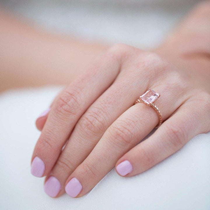 Victoria 10mm x 7mm Radiant Cut Pink Morganite Center Gem 14k Solid Rose Gold Braided Rope Vintage Filigree Ring 2.5 Carat Total Weight Fire Brilliance Fine Custom Rings Unique Jewelry FIRE BRILLIANCE